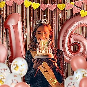 Sweet 16th Birthday Decorations, Happy Birthday Banner with Princess Crown, Sash Candles, Heart Foil Confetti Balloons, Tissue Paper Pom, Rose Gold Fringe Streamers Princess Party Decorations for Girls