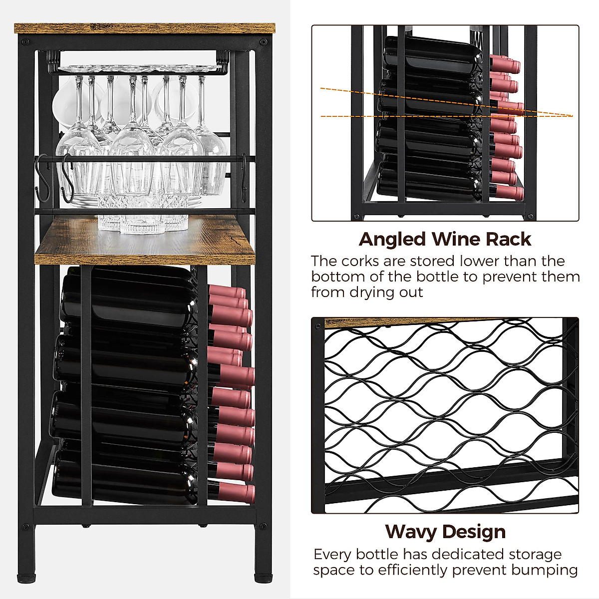 Yaheetech Wine Rack Table with Glass Holder, Industrial Wine Bar Cabinet with 25-Bottle Wine Storage and 6 Hooks, Coffee Bar Table Liquor Cabinet for Bar, Buffet, Living Room, Kitchen, Rustic Brown
