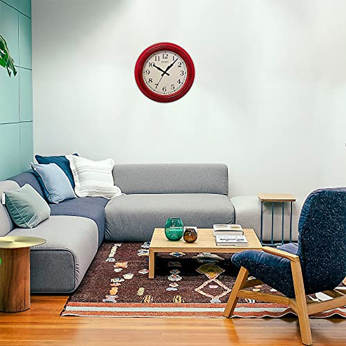 OCEST 9-Inch Retro Red Small Kitchen Wall Clock, Silent Non Ticking Battery Operated Home Decorative Round Quartz Wall Clock, Easy to Read Clock for Livingroom, Bedroom, Bathroom, Office, Reading Room