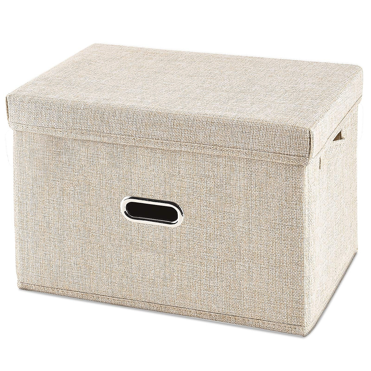 HONGKERNE Storage Box Bin, Linen Fabric, Foldable Storage Organizer with Lid, Multi-Use Clothes Storage Container for Bedroom, Office, Home (Cream, Large)