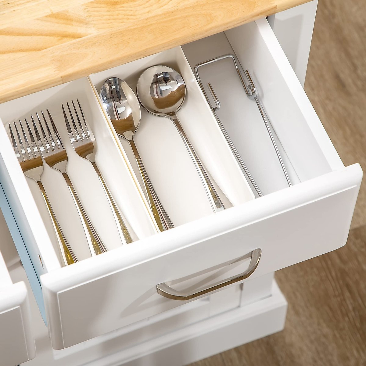 HOMCOM Kitchen Island with Storage Cabinet and 2-Level Rubber Wood Tabletop, Island Table with Adjustable Shelves and Drawers, White
