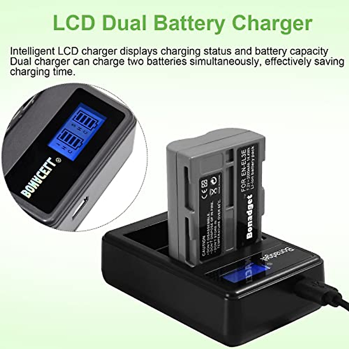 Bonacell EN-EL3E Battery(2 Pack) 2000mAh and LCD Dual Charger Compatible with Nikon D700, D300S, D300, D200, D100, D90, D80, D70, D70s, D50 Digital SLR Camera