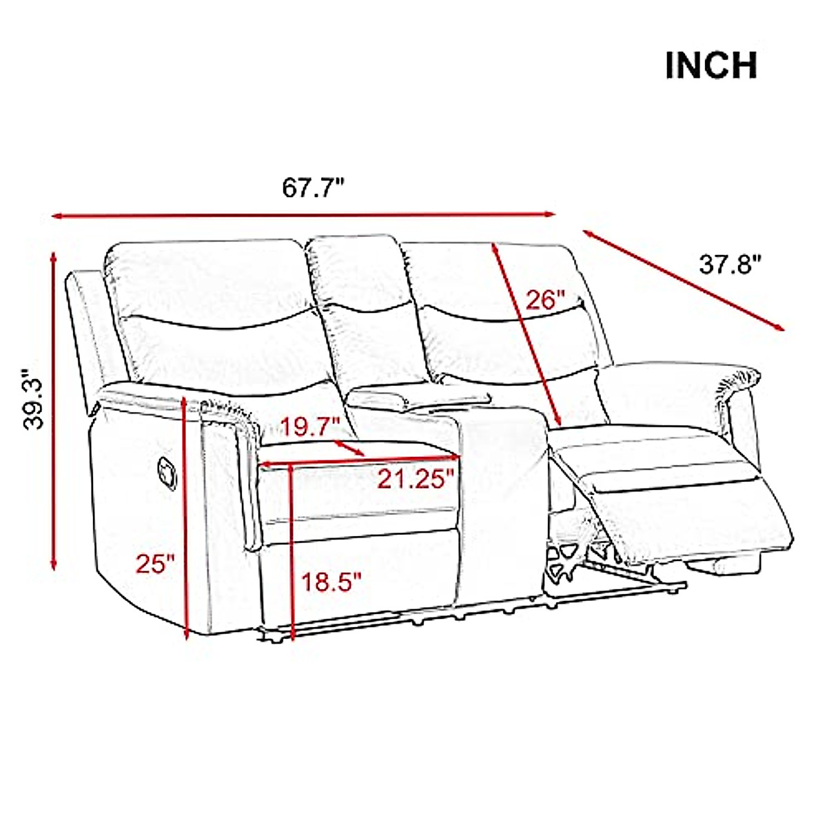 FULife 2 Seaters Manual Wall Hugger Chair RV Sofa Loveseat Sofá,PU Leather Double Reclining Sectional Couch with Cup Holders&Center Console for Living Room/Apartment/Office/Theater