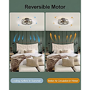 MIAOMEIO 13'' Low Profile Small Flush Mount Farmhouse Industrial Caged Ceiling Fan with Lights, 6 Speed Bladeless Black Ceiling Fan with Remote Control for Living Room, Bedroom, Kitchen (Black)