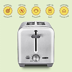 BELLA 2 Slice Toaster, Quick & Even Results Every Time, Wide Slots Fit Any Size Bread Like Bagels or Texas Toast, Drop-Down Crumb Tray for Easy Clean Up, Stainless Steel