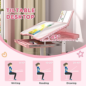 Qaba Kids Desk and Chair Set, Height Adjustable Kids School Study Desk and Chair Set with Tilt Desktop, Storage Drawer & Book Stand for Writing, Reading and Drawing, Pink
