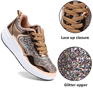 kkdom Women's Walking Shoes Glitter Comfort Lightweight Wedge Platform Athletic Tennis Sneakers Gold US Size 10