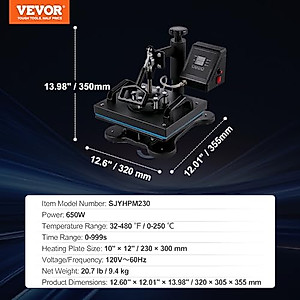 VEVOR Heat Press, Clamshell 12x10in Sublimation Transfer Printer, Digital Precise LCD Control Printing, Vinyl Heat Press for T-Shirts Bags Garments Mats Puzzles, 650W