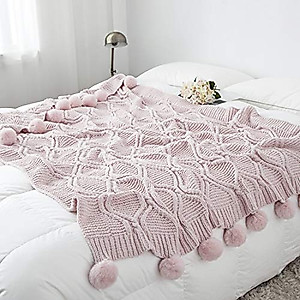 Revdomfly Chenille Knitted Throw Blanket with Pom Poms, Fuzzy & Fluffy Couch Cover Decorative Knit Blanket for Sofa Bed, 51.2" x 63", Pink