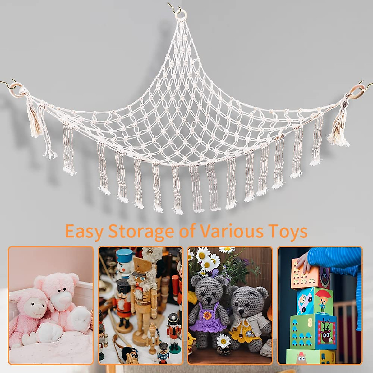 EKDJKK Stuffed Animal Hammock Macrame Plush Toy Net Hammock for Stuffed Animals with Light Pet Net for Stuffed Animals Corner Hanging Stuffed Animal Storage Holder Teddy Bear Net for Kids Room