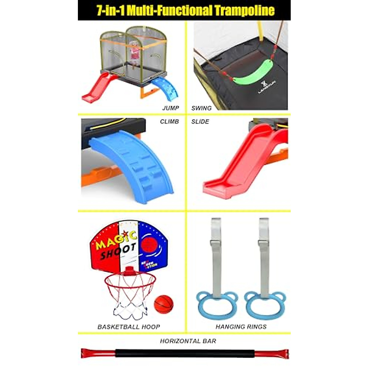 LANGXUN 6.5Ft 7-in-1 Rectangle Trampoline for Kids, with Climb, Slide, Swing, Basketball Hoop, Multi-Functional Indoor Outdoor Baby Toddler Mini Trampoline for Girls and Boys Birthday Gift, Age 1-10