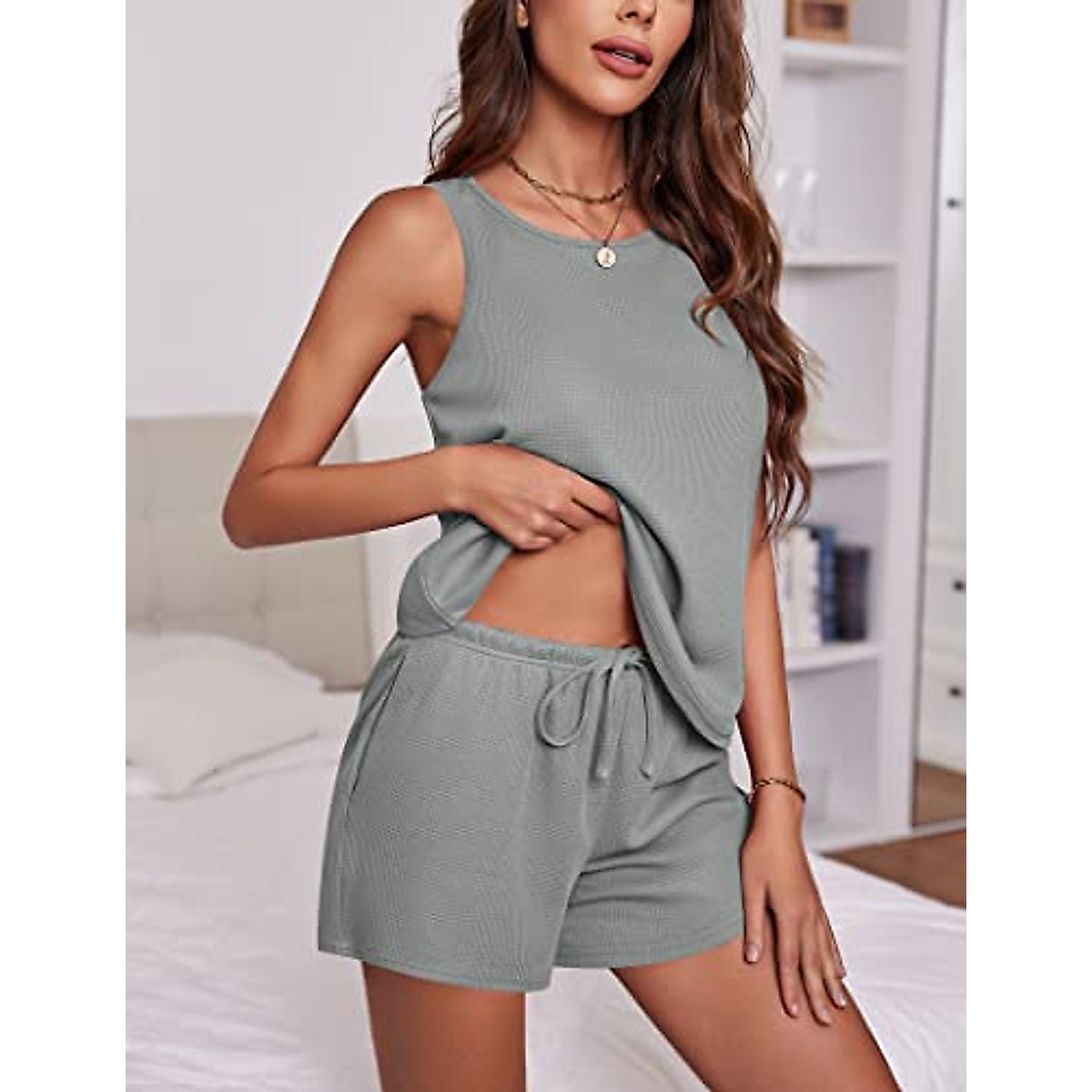 Ekouaer Womens Pajamas Tank Top and Shorts Waffle Pjs for Women Set Summer Trendy Sleepwear Set with No Sleeve Light Gray,Small