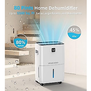 5500 Sq. Ft Dehumidifier for Basement with Drain Hose, VEAGASO 80 Pints Dehumidifiers for Home Large Room Bathroom with Water Tank, Intelligent Humidity Control, Auto Defrost, 24H Timer, Child Lock