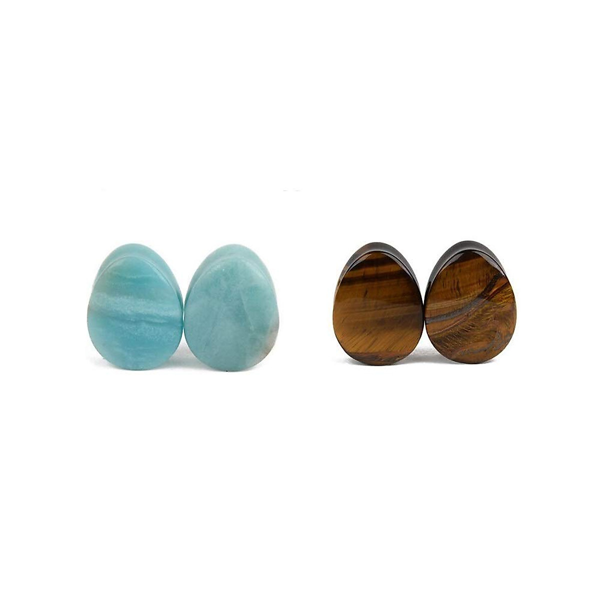 NewZenro Amazonite Tiger Eye Teardrop Ear Gauges Plugs Tunnels Stretcher Expanders Natural Organic Stones Double Flared Earrings Piercing Jewelry (7/8"(22mm)