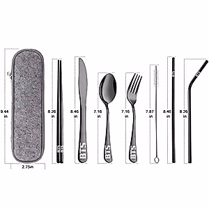 Kpop BTS Bangtan Boys Travel Camping Cutlery Set - Portable Lunch Utensils Set with Case and Straw, Straight Straw, Knife, Fork, Spoon, Chopsticks, Cleaning Brush 8 Piece (Black)
