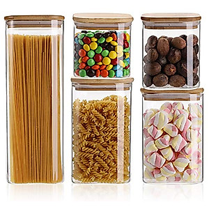 Yesland 5 Sizes Square Borosilicate Glass Canister with Sealed Bamboo Lids, Large Air Tight Glass Storage Canister and Stackable Clear Glass Jar Set for Candy, Cookie, Rice, Sugar, Flour, Pasta, Nuts