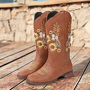 Chunky Heel Cowgirl Boots Vintage Western Boots Cowboy Cowgirl Motorcycle Boots Sunflower Embroidered for Womens Boot Brown