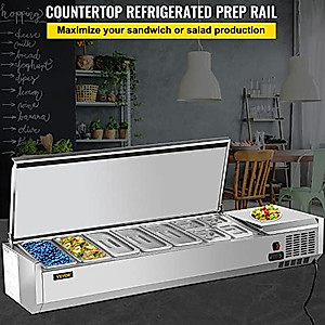 VEVOR Refrigerated Condiment Prep Station, 71-Inch, 19.8Qt Sandwich/Salad Prep Table with 5 1/3 Pans & 4 1/6 Pans, 150W Salad Bar with 304 Stainless Body and Cover Temp Adjuster One-Click Defrosting