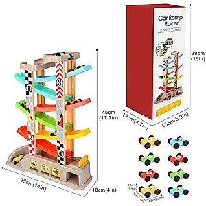 Aomola Montessori Toys for 3 4 5 Year Old Boys Toddlers, Car Ramp Toys with 8 Mini Cars, Parking Lot & Gas Station, Ramp Racer Toy Gift for Boys Girls Age 3-5