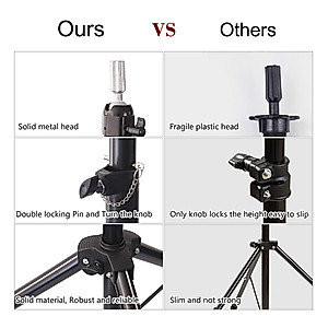 Wig Stand Tripod Mannequin Head Stand Metal Adjustable Heavy Duty Wig Head Stand for Canvas Block Head Cosmetology Hairdressing Training Doll Head and Styling Making Wigs with Smartphone Clamp Mount
