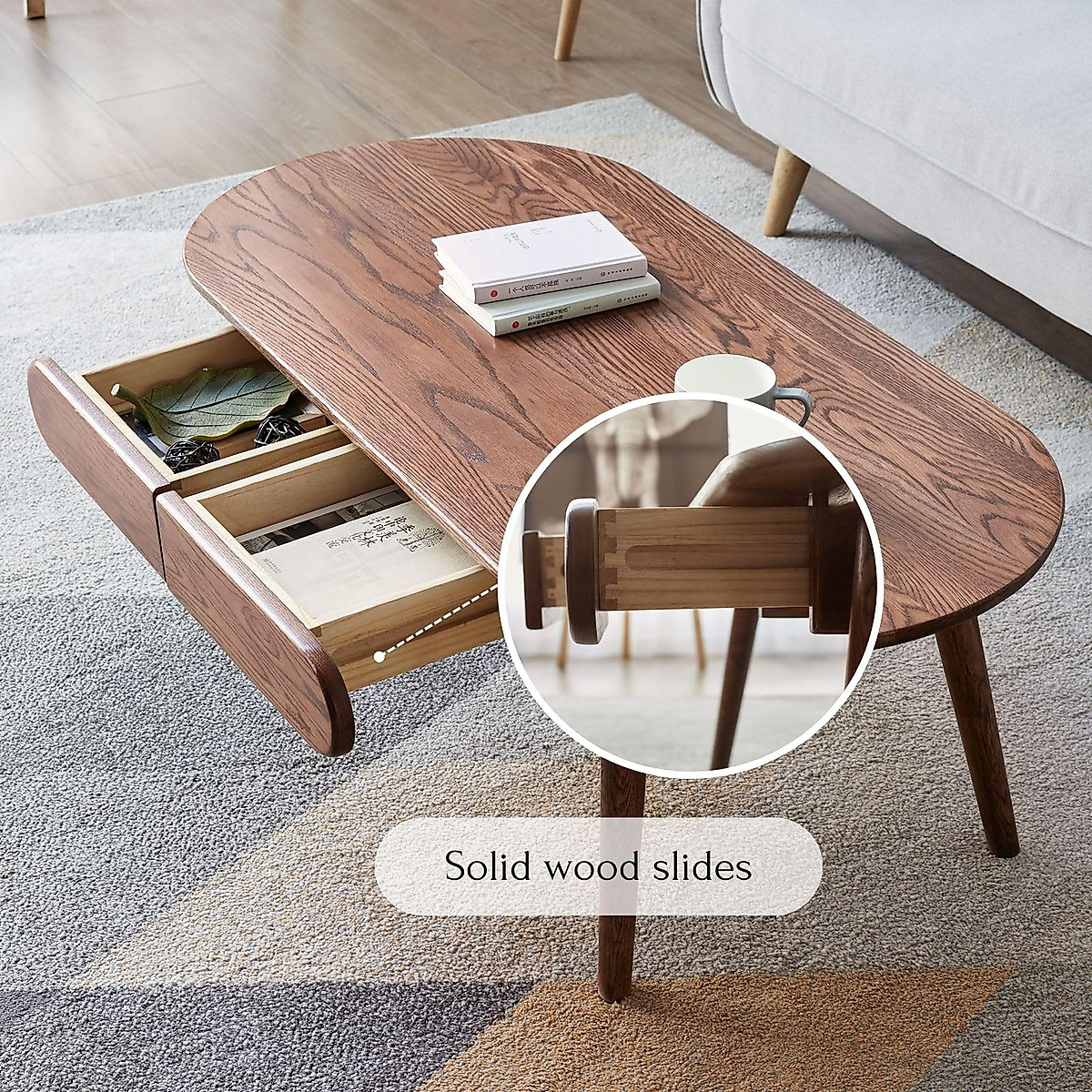 Vadisun Modern 100% FAS Oak Coffee Table - Unique Coffee Table & Space-Saving Wooden Coffee Table Easy Assembly (Walnut color with drawers)