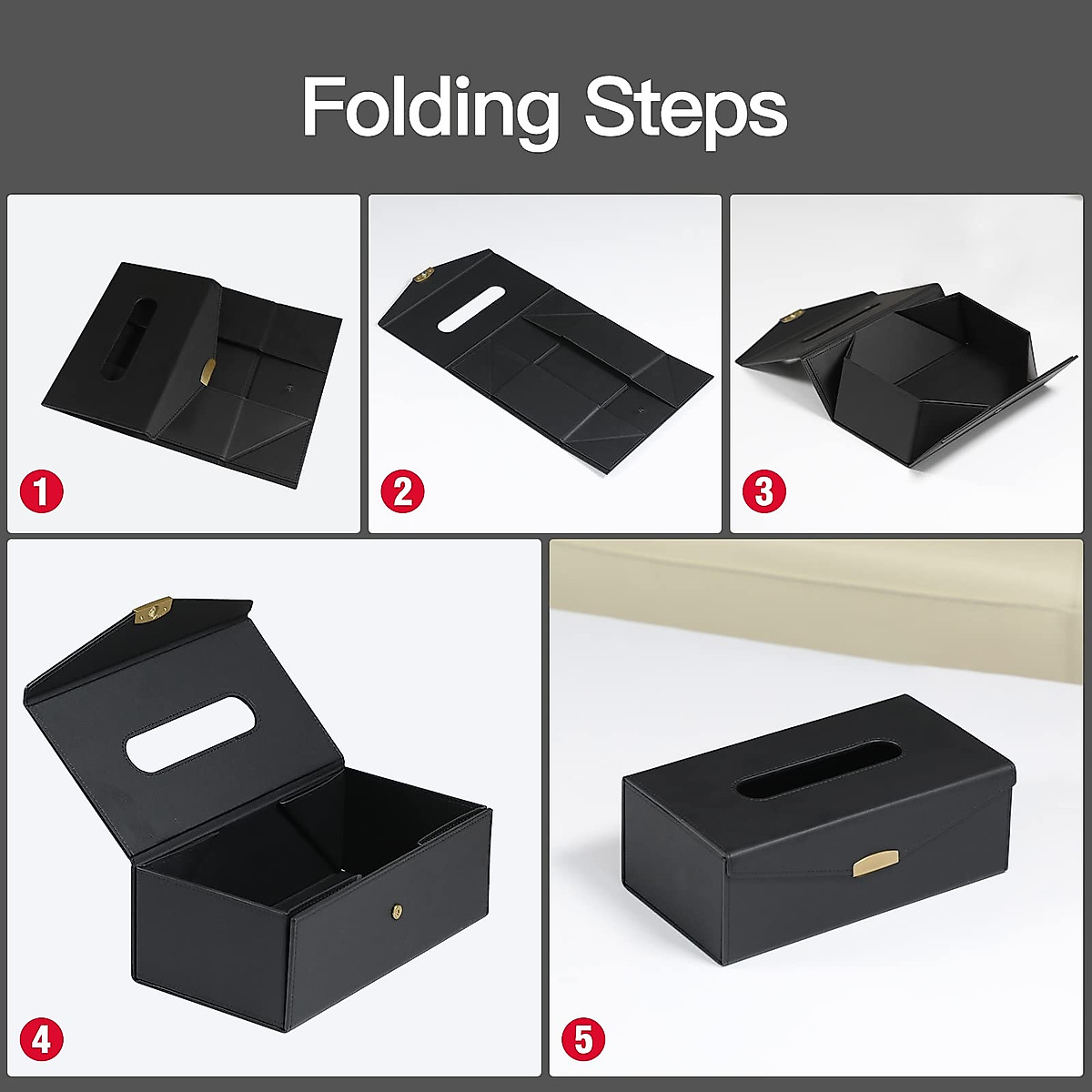 MEIBOOCH Foldable Tissue Box Cover Rectangular Leather Tissue Box Holder with Magnetic Closure (3.6 inches high, Black)