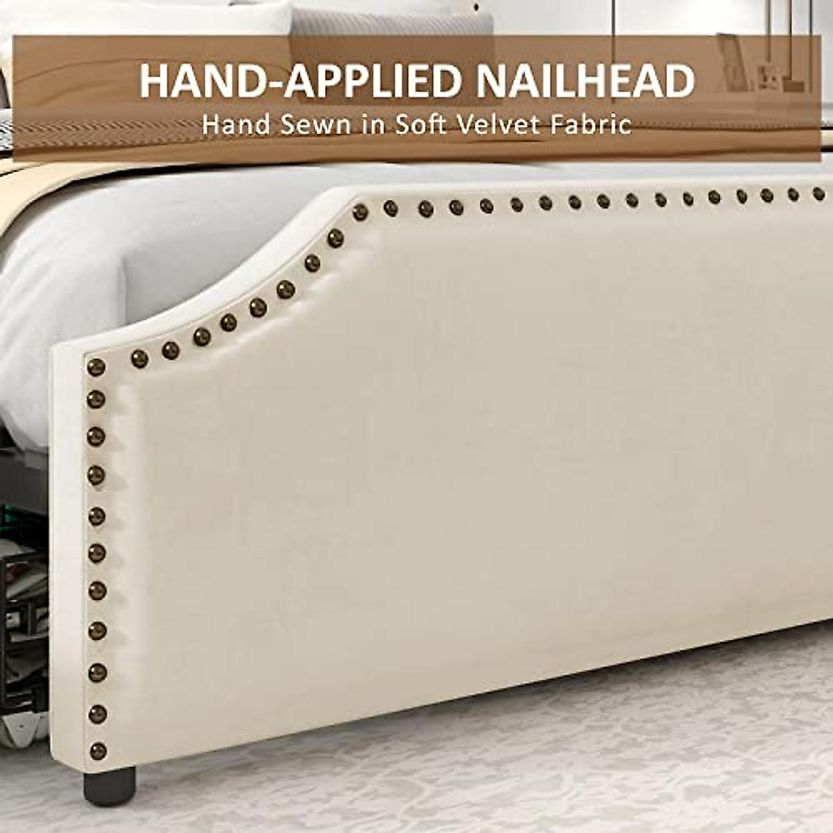 AMERLIFE Queen Size Bed Frame with 4 Storage Drawers and Headboard, Queen Velvet Upholstered Platform Bed with Rivet Curved Adjustable Headboard/Strong Wooden Slats/Easy Assembly/Cream