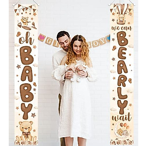 Bear Baby Shower Party Decoration-2 Pices We Can Bearly Wait Porch Sign Banner,Gender Reveal Banner Porch Sign for Welcome Baby Party,Gender Neutral Bear Photo Props Supplies Indoor Outdoor