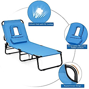 Goplus Folding Chaise Lounge Beach Chair, Face Down Tanning Chair with Face Hole Detachable Pillow, Great for Outside Pool Patio Backyard, 5-Position Adjustable (1, Blue)