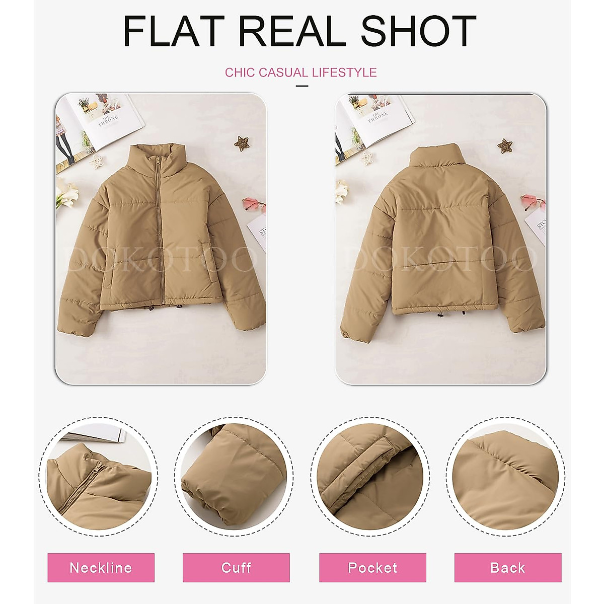 Dokotoo Womens Puffer Jackets Ladies Cute Warm Winter Coats for Women Oversized Stand Neck Full Zipper Up Drawstring Baggy Padded Jacket Coat Warm Comfy Soft Outerwear with Pockets Khaki XL