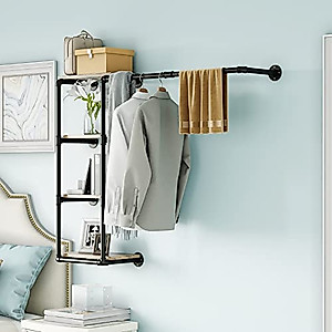 Wall Mounted Pipe Clothing Rack with Shelves, Industrial Clothes Rack with 4 Tier Closet Bar Heavy Duty Iron Garment Rack, Retail Display Clothes Rod for Hanging Clothes,Laundry Room (Black)