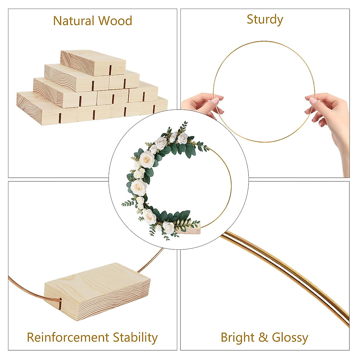 OurWarm 12Pcs 12 Inch Floral Hoop Centerpiece with Stand for Table, Metal Center Pieces with Wood Base Gold Circle Centerpieces for Wedding Reception, DIY Table Centerpieces, Wall Hanging Crafts