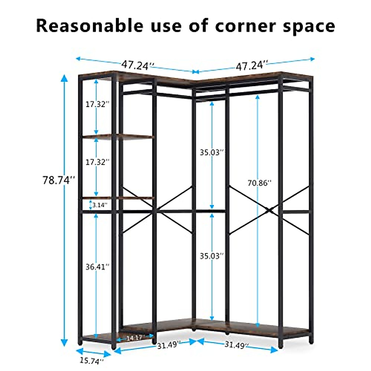 Tribesigns L Shaped Closet Organizer, Freestanding Corner Clothes Garment Rack with 4 Hanging Rods and Open Shelves, Heavy Duty Metal Clothing Rack Wardrobe Storage Closet for Bedroom, Rustic Brown