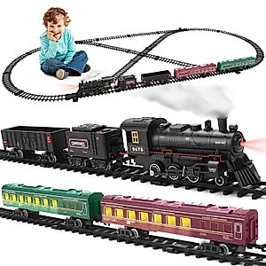 ROGALALY Train Set for Kids, Steam Locomotive Train w/Coal Car,Passenger Coach,Cargo Car & Long Tracks,Electric Train Railway Kits w/Smoke,Lights & Sound,Battery-Powered Train Toys Gift for Boys Girls