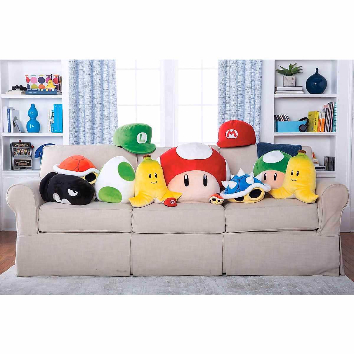Club Mocchi Mocchi Mario Kart Plushies - Luigi Hat Plushie - Squishy Mario Toys - Collectible Mario Figures and Cute Stuffed Animals - Holiday Gifts and Stocking Stuffers for Kids - 15 Inch