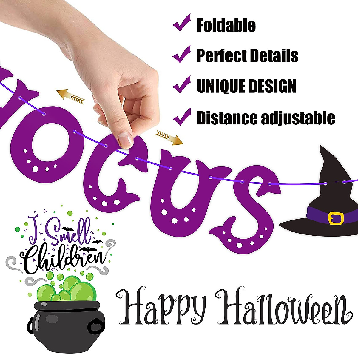 Joy Bang Halloween Hocus Pocus Decoration, Hocus Pocus Theme Banner Spell Book Cat Witch Hats, Witches Stisters Banner Wall Decor for Home Classroom Office, Party Supplies for Kids Adults
