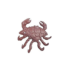 Red Whitewashed Cast Iron Decorative Crab with Six Metal Wall Hooks 7"