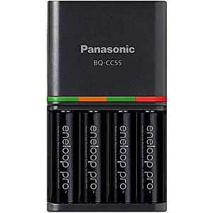 Eneloop Panasonic BK-3HCCA4BA pro AA High Capacity Ni-MH Pre-Charged Rechargeable Batteries, 4 Pack, Black & BQ-CC55KSBHA Advanced pro Rechargeable Battery 4 Hour Quick Charger, Black