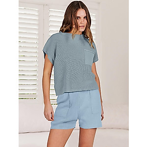 ANRABESS Women's Two Piece Summer Outfits Knit Sweater Short Sets Pullover Tops & Shorts Lounge Matching Clothes Set Sky X-Large