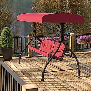 Flash Furniture Tellis 3-Seat Outdoor Steel Converting Patio Swing Canopy Hammock with Cushions / Outdoor Swing Bed (Maroon)