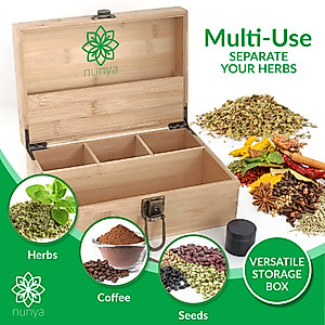 Improved. Nunya Large Storage Box for Herbs with Accessories, a Storage Container with Accessories, 5 pc kit w/ 3 Glass Jars and Rolling Tray