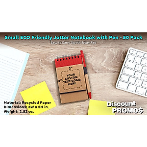 DISCOUNT PROMOS 50 ECO Jotters with Pen Set - Customizable Text, Logo - Recycled Paper, 3 x 5 inches, Minimalist, Handy - Red