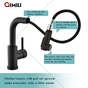 GIMILI Modern Bar Sink Faucet for Kitchen Sink Single Handle with Pull Out Sprayer Hot and Cold Prep Sink Faucet Matte Black