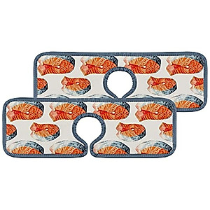 Kitchen Faucet Mats 2 Pieces Watercolor Salmon Faucet Sink Splash Guard Bathroom Counter and RV,Absorbent Faucet Counter Sink Water Stains Preventer