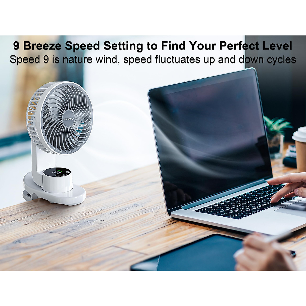 AddAcc Small Desk Fan, Rechargeable Clip On Fan with Atmosphere Light & Hook, Battery Operated Table Fan, Ultra Quiet, 9 Speed Auto Oscillation Desktop Fan for Bedroom Office Home Travel Camping