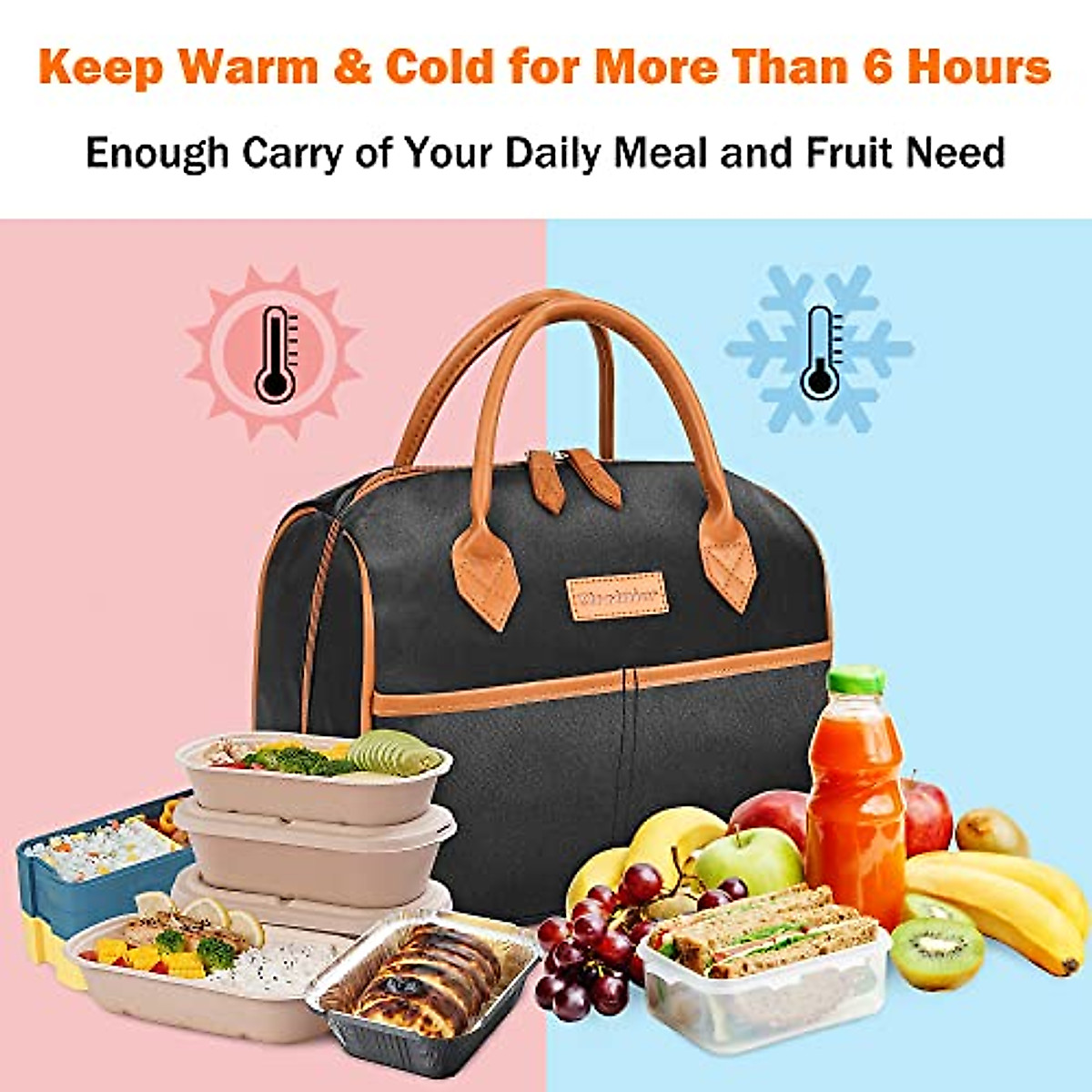 Tirrinia Lunch Bag Women Box Insulated Men Lunchbox Adults, Insulated Bag women Box Freezable Adult Cute Large Tote Cooler, Lunch Women Bag for Work, Picnic, Best Independence Day Gift, Black