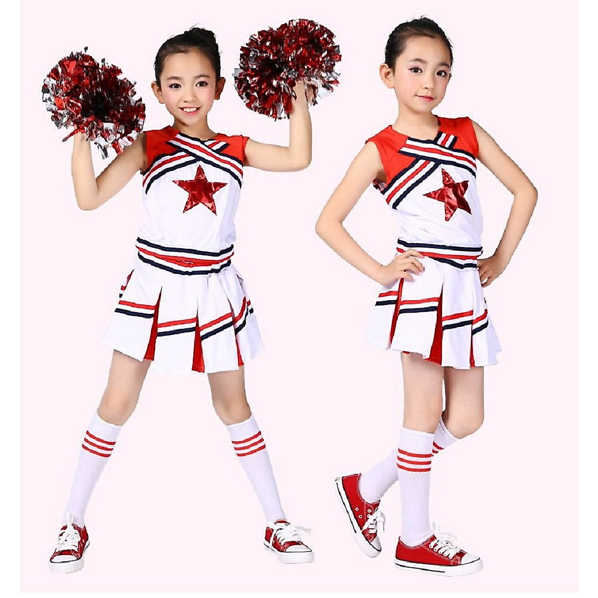 LOLANTA Little Girls Cheerleader Uniform Outfit Cheerleading Costume Fun Varsity Brand Youth Red White (Red, 5-6)