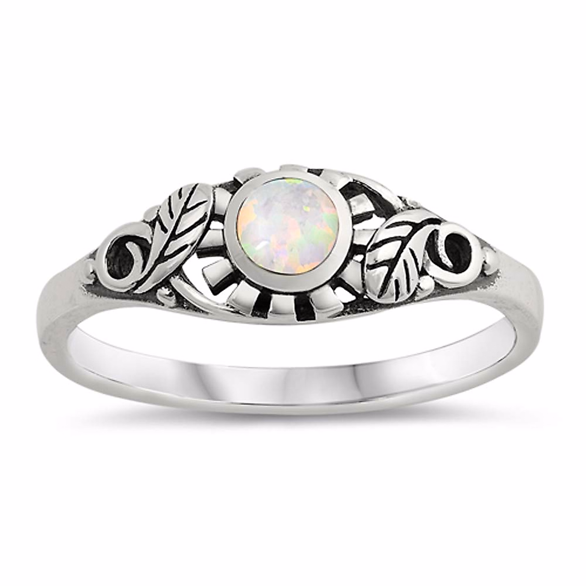 White Filigree Vine Leaf Simulated Opal Sun Classic Ring New .925 Sterling Silver Band Size 6