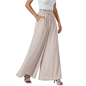 LYANER Women's Drawstring Elastic High Waisted Wide Leg Palazzo Pants Loose Casual Trousers Beige X-Large