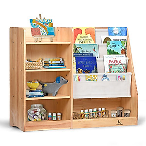 KRAND 4-Layer Kids Wooden Bookshelf, 4-Tier Layer Sling Bookcase, Baby Storage Book Rack,Toy Organizer Cabinet, Books Display for Playroom Livingroom Toddler Room Nursery and Classroom (Natural)